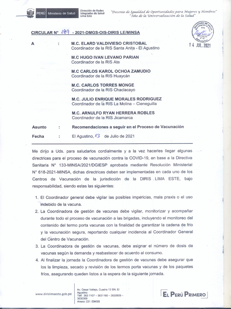 Circular 189-2021 Recomendaciones A Seguir en La Vacunación | PDF