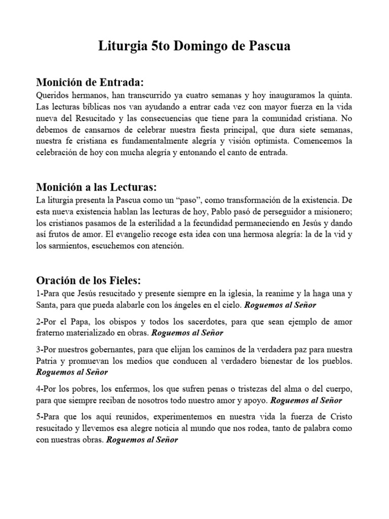 Liturgia 5to Domingo de Pascua | PDF | eucaristía | Pascua de Resurrección Liturgia 5to Domingo de Pascua | PDF | eucaristía | Pascua de Resurrección