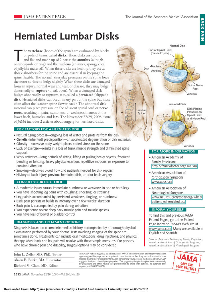 Herniated lumbar disks. JAMA Patient page | PDF | Vertebral Column ...