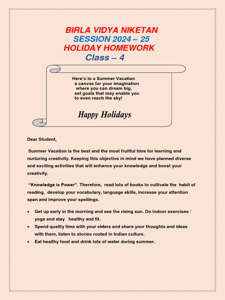 Holiday Homework Class 4 2024-25 | PDF | World Heritage Site | Homework