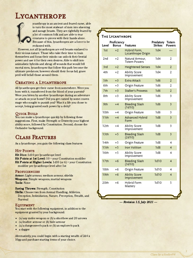 Lycanthrope Class Guide for RPGs | PDF | Werewolves