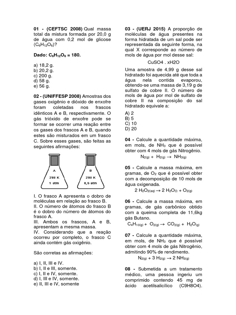 Exercícios Vestibulares | PDF | Mol (unidade) | Dióxido de enxofre Exercícios Vestibulares | PDF | Mol (unidade) | Dióxido de enxofre