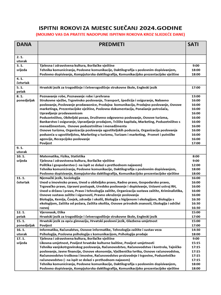 ISPITNI ROKOVI - SIJECANJ 2024 | PDF ISPITNI ROKOVI - SIJECANJ 2024 | PDF