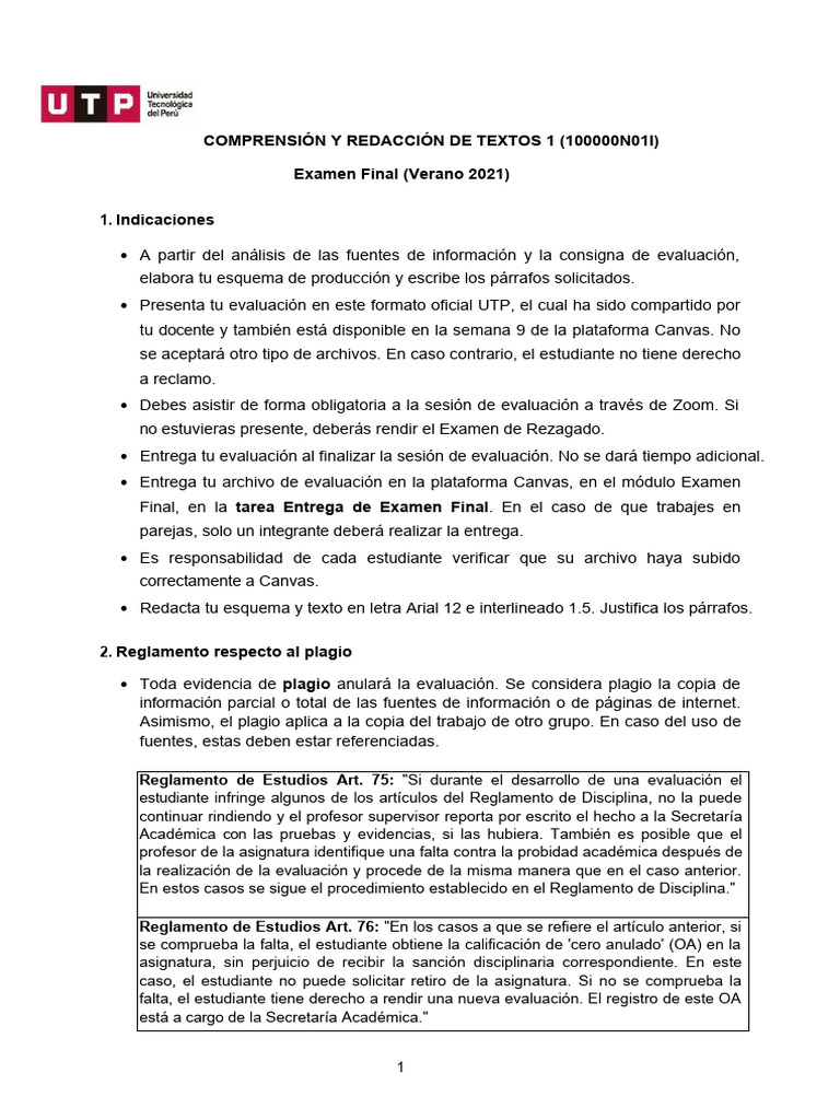 100000N01I COMPRENSIÓN Y REDACCIÓN DE TEXTOS 1-EXAMEN FINAL (Formato oficial UTP) Verano 2021 ...