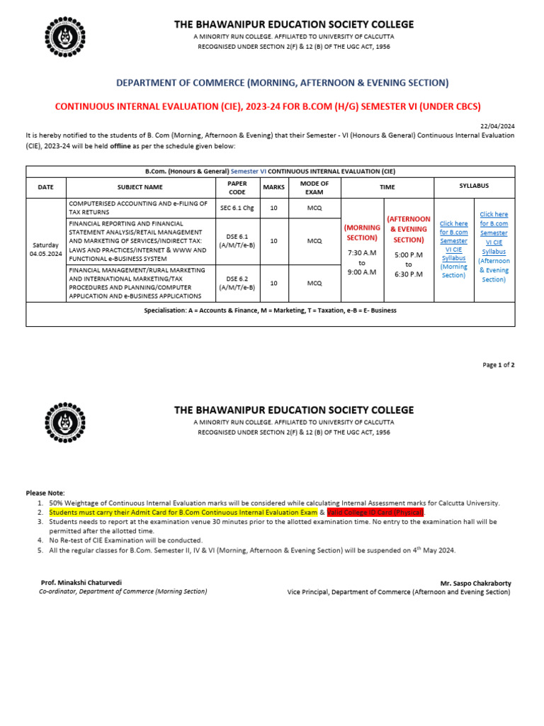 CIE Examination Notice Semester VI 2023 24 | PDF | Economies | Business