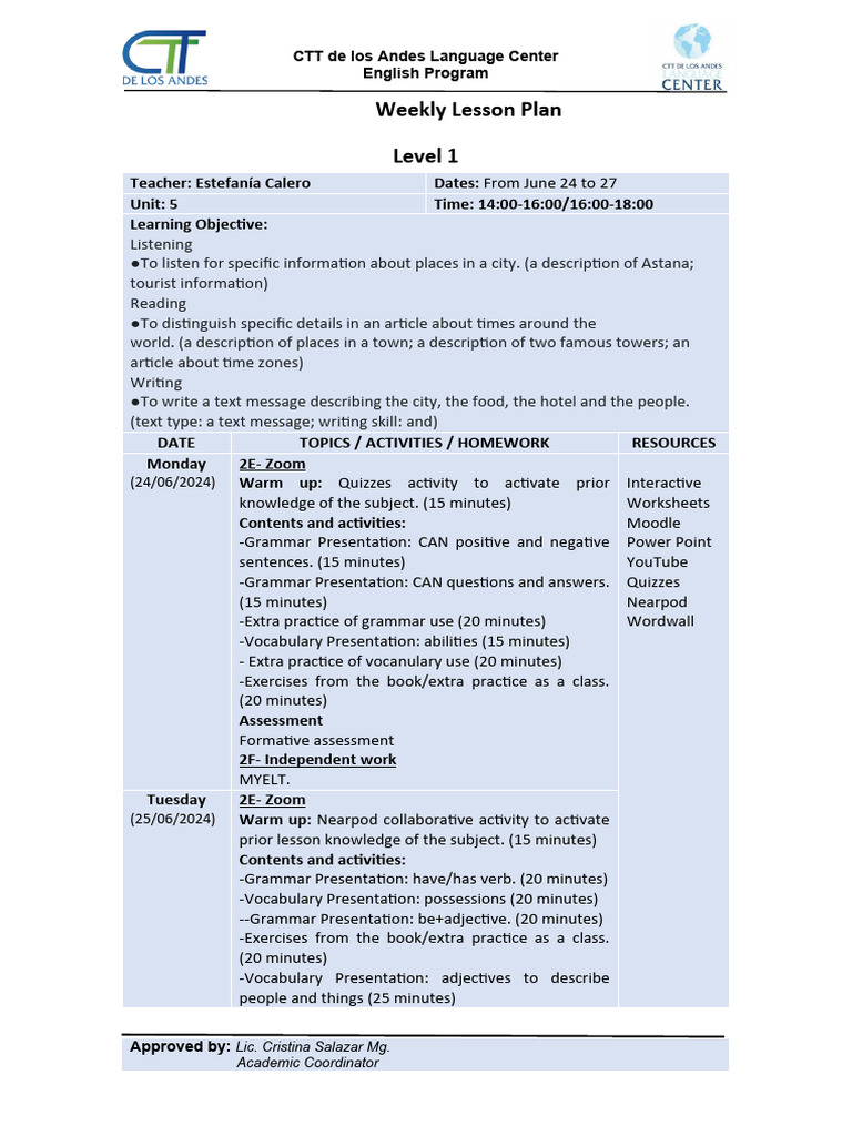 QUICK LESSON PLAN Level 1, Week 5 | PDF | Linguistics | Cognition