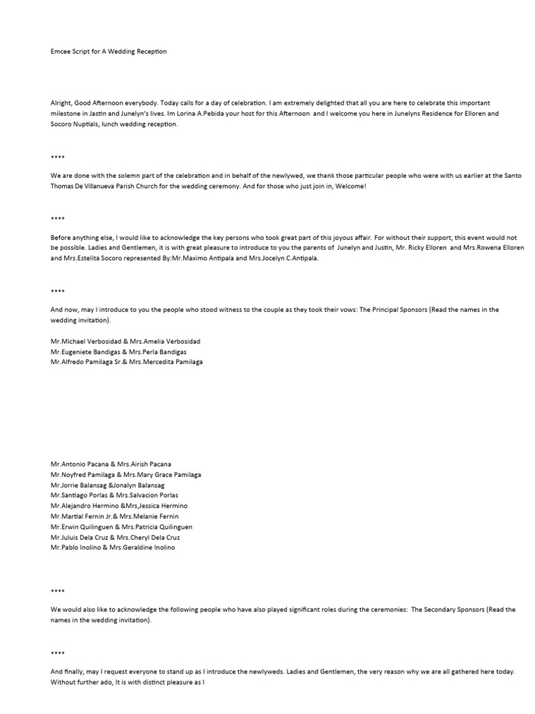 Emcee Script For A Wedding Reception | PDF | Bride | Wedding