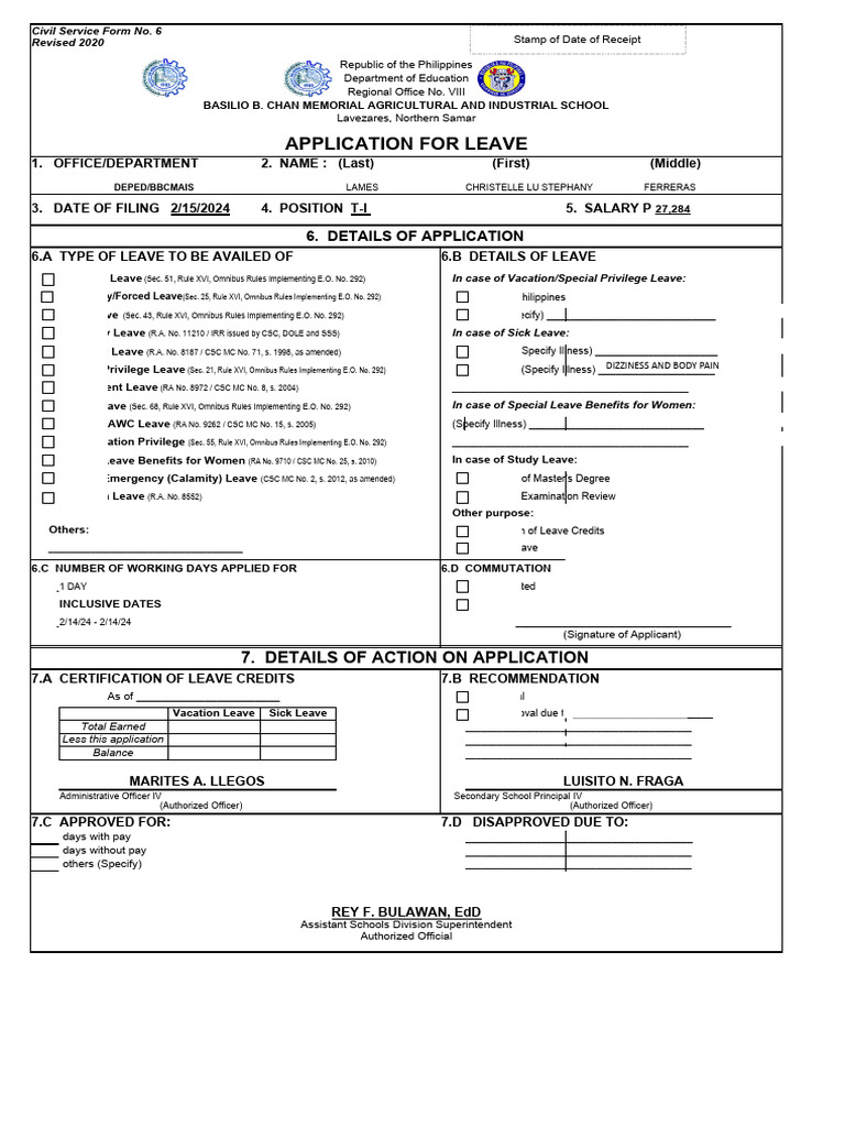 CS Form No. 6 Revised 2020 NEW (1) | PDF | Surgery | Parental Leave
