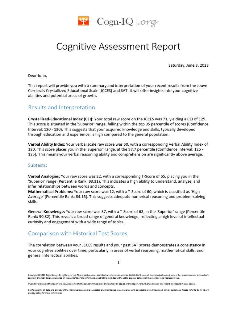 Cognitive Assessment Report John Doe | PDF | Sat | Machine Learning
