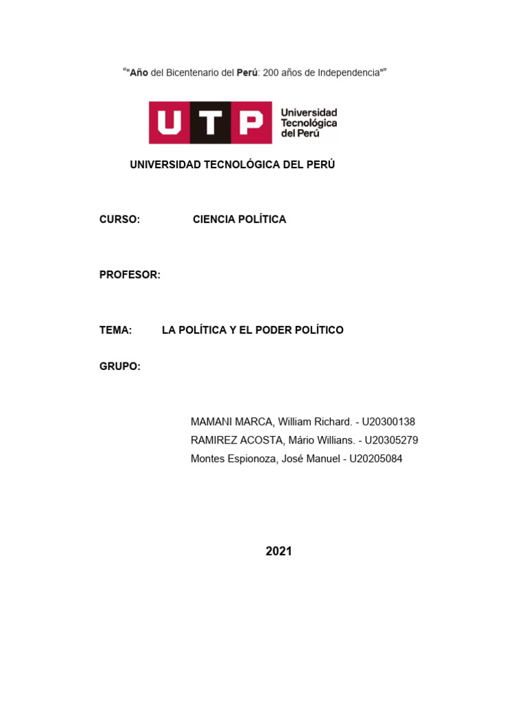 Trabajo de Investigacion La Politca y El Poder Politco.2021 | PDF ...