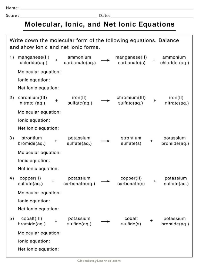 Molecular Complete and Net Ionic Equations Worksheet | PDF Molecular Complete and Net Ionic Equations Worksheet | PDF