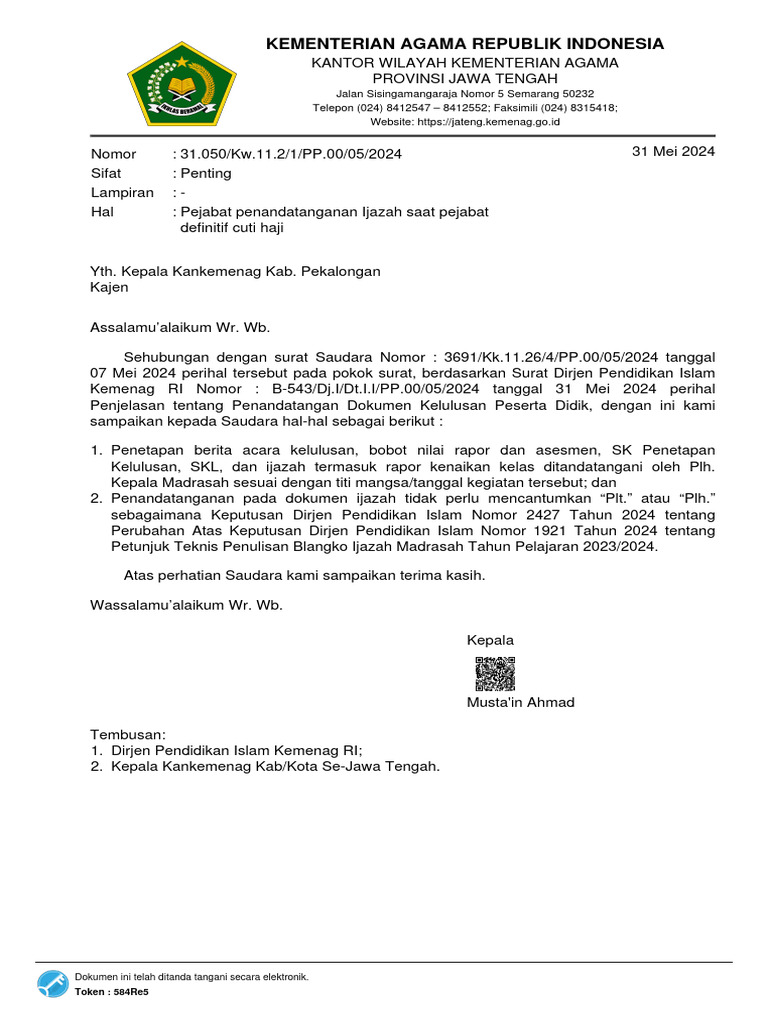 0531 JTG Penjelasan TTD Ijazah Kamad PLH Kab Pekalongan | PDF