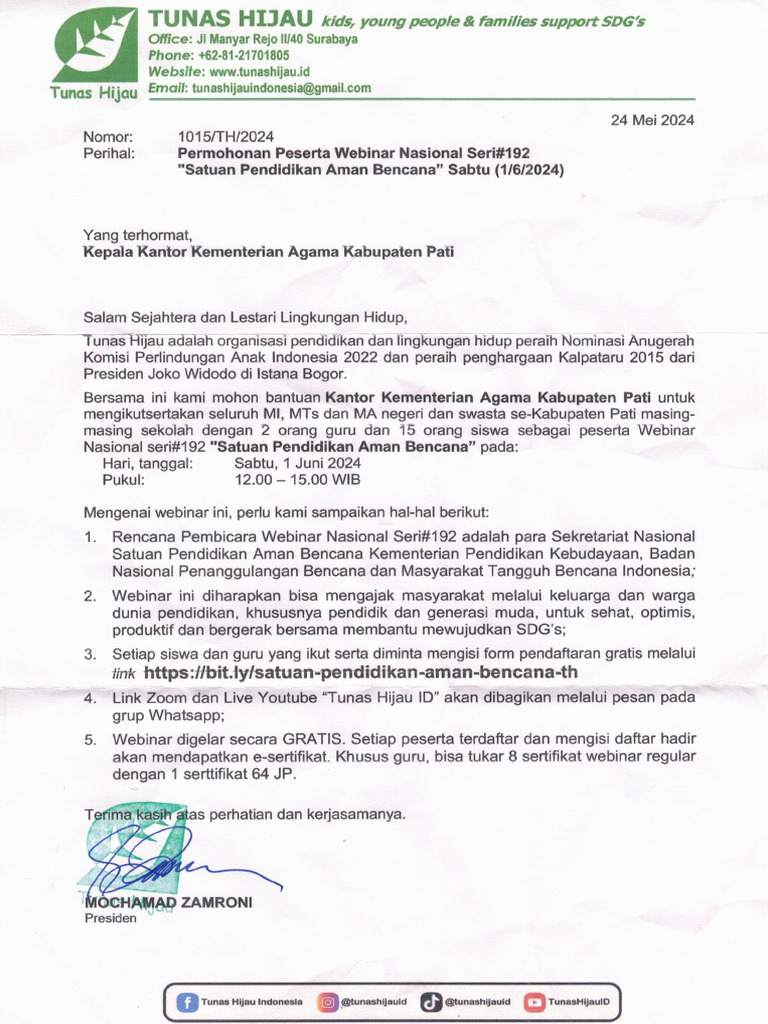 Permohonan Peserta Webinar Nasional Seri 192 - Tunas Hijau Kids | PDF