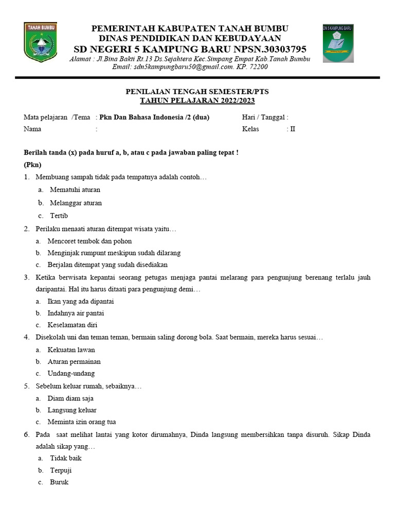 PTS Kelas 2 Semester 1 (Tema 2) | PDF | Griya & Taman