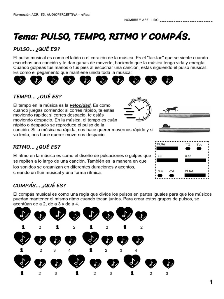 Tema - PULSO, TEMPO, RITMO Y COMPÁS Notas Pentagrama Hoja 4 | PDF | Ritmo | Tempo