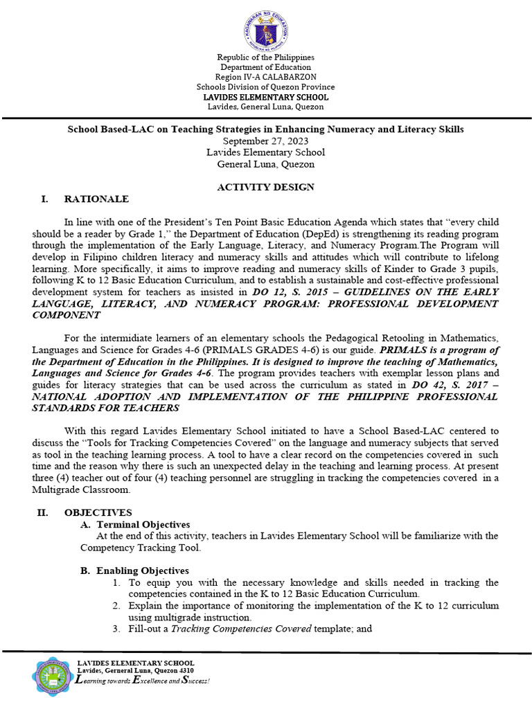 Activity Design-School Based-LAC on Teaching Strategies in Enhancing ...
