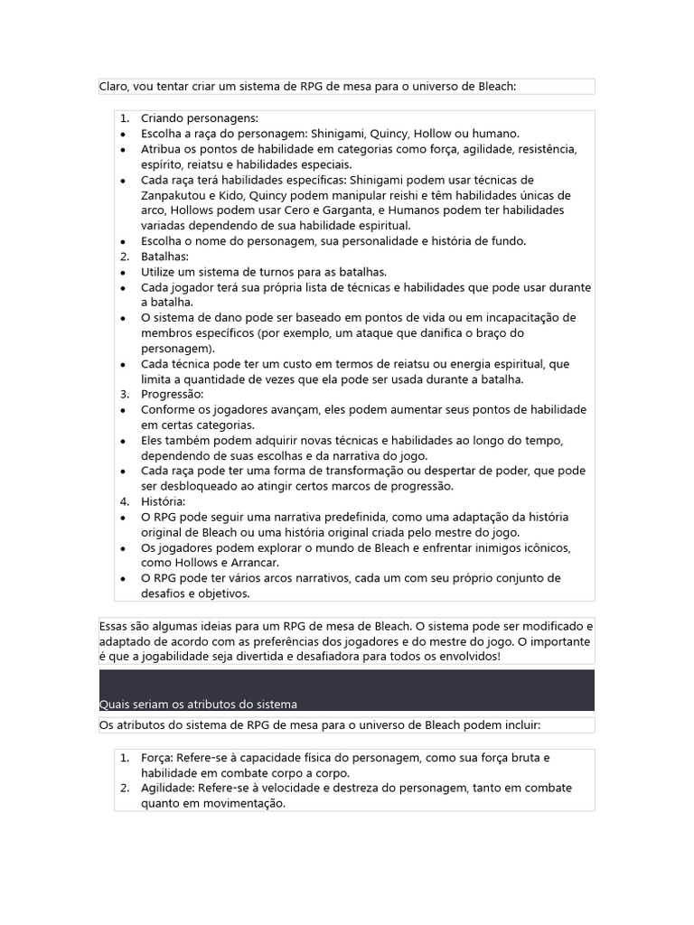 Sistema de Bleach Esboço | PDF | Jogos de RPG