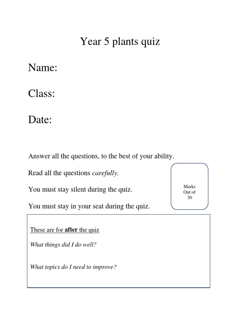 Year 5 Plant Structure Quiz by Joe | PDF | Flowers | Petal