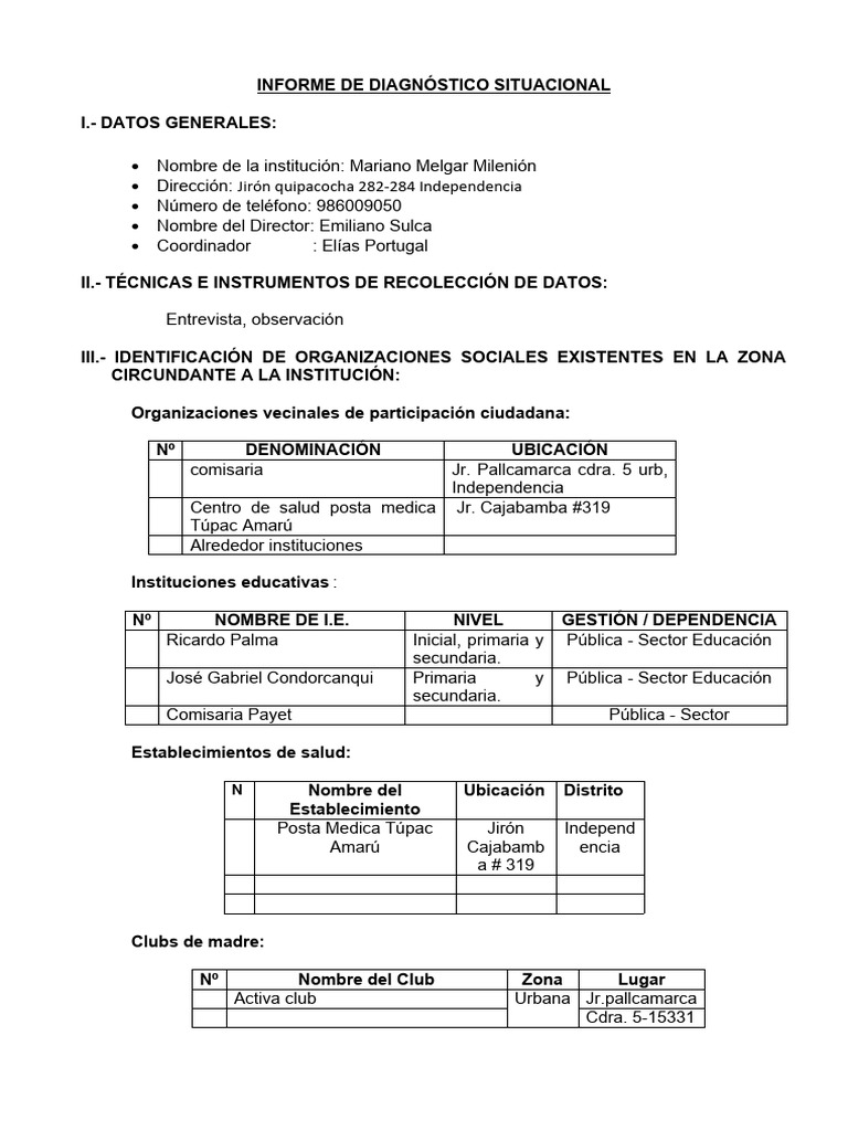 Esquema Informe Diagnóstico Situacional | PDF