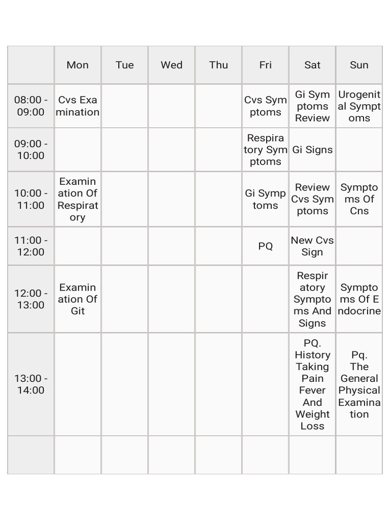 Weekly Medical Examination Schedule | PDF