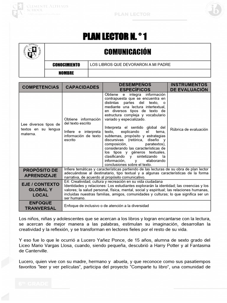 Plan Lector 1 - 6th | Descargar gratis PDF | Evaluación | Creatividad