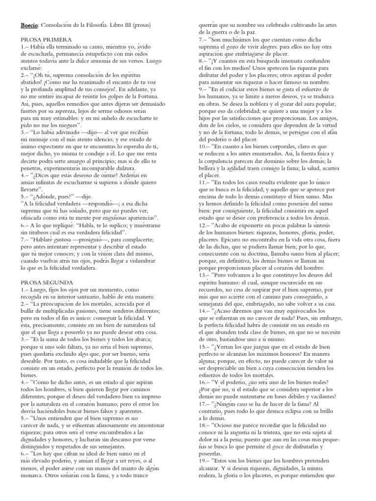 Prosas de Boecio - Consolación de La Filosofía - Libro III | PDF | Felicidad | Razón