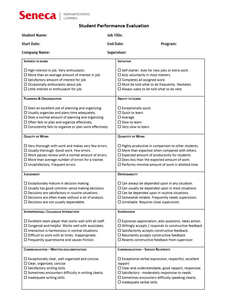 Student Performance Evaluation - Fillable | PDF | Performance Appraisal ...