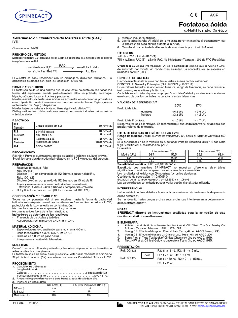 Inserto Spinreact Fosfatasa Acida 1001121 1001122 | PDF