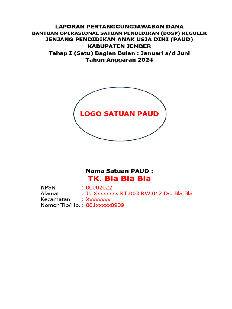 Cover Dan Surat LPJ Bosp Paud THP I-2024 | PDF | Ilmu Sosial