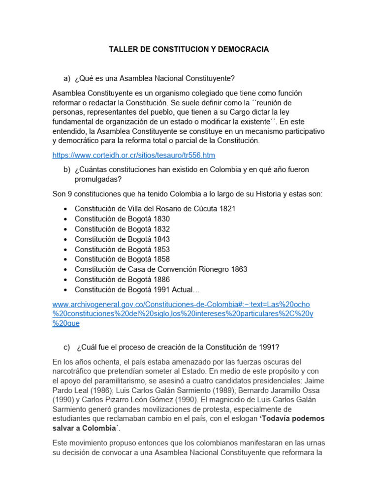 Taller De Constitucion Y Democracia Pdf Gobierno Política De Colombia