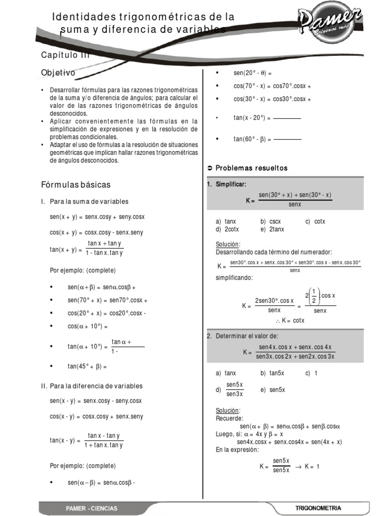 I.T. Suma y Diferencia de Variables | PDF | Trigonometría | Ángulo I.T. Suma y Diferencia de Variables | PDF | Trigonometría | Ángulo