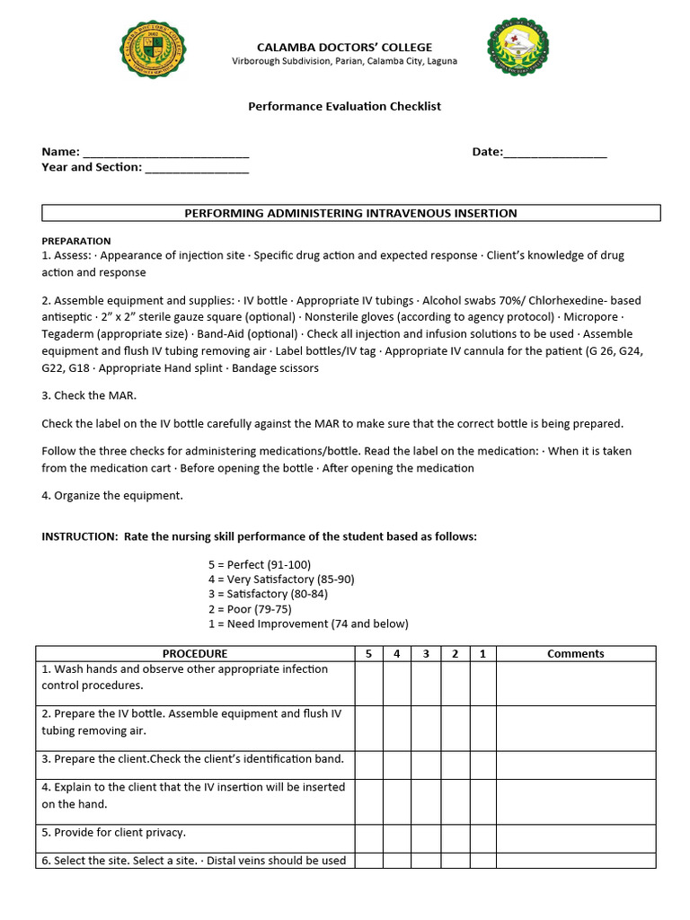 Checklist Iv Insertion | PDF | Intravenous Therapy | Clinical Medicine