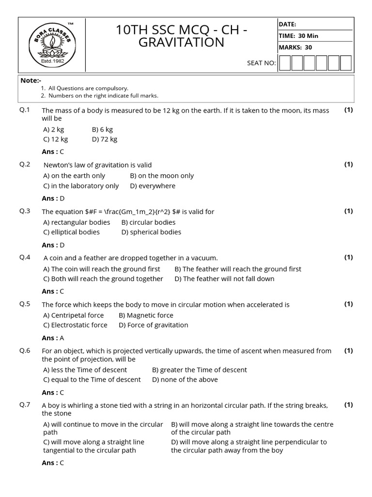 10th SSC MCQ on Gravitation | PDF | Orbit | Force