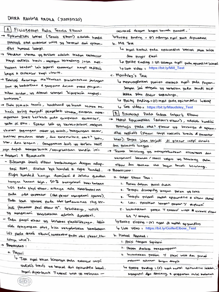 Dhira Rahma Fadila - J120231220 - Tennis & Golfer Elbow - Fisioterapi Olahraga | PDF