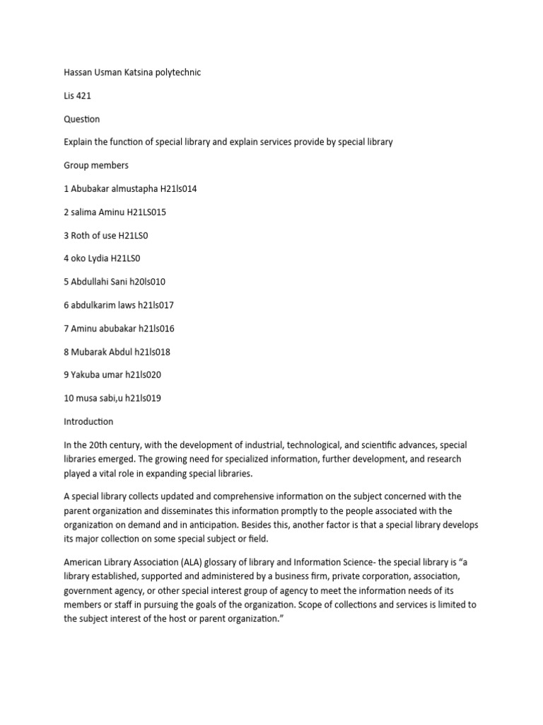 Functions and Services of Special Libraries | PDF | Libraries | Librarian