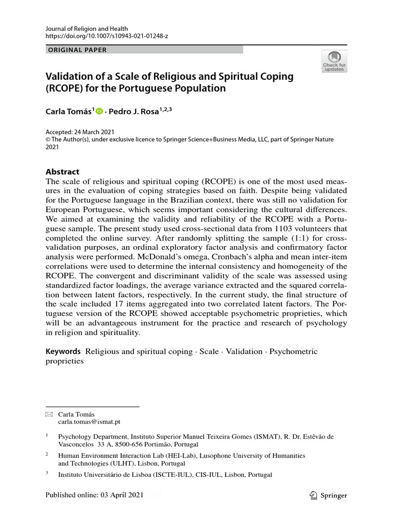 Validation of A Scale of Religious and Spiritual Coping (RCOPE) Forthe Portuguese Population. J ...