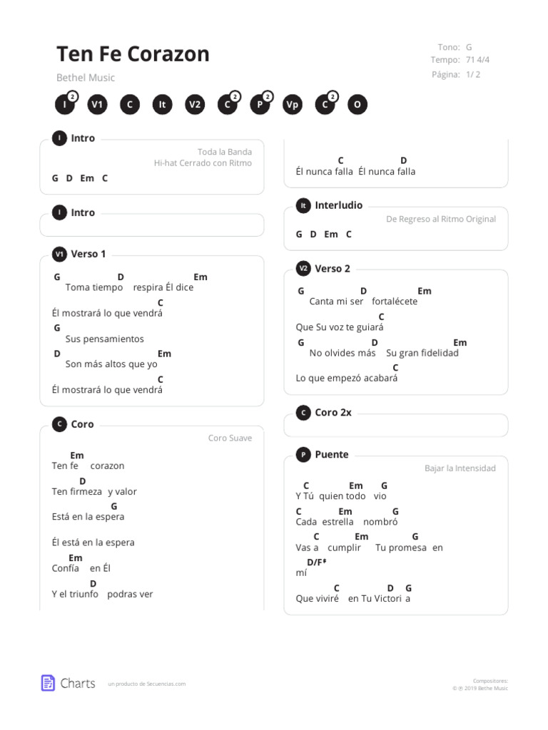 ACORDES Y LETRA (G Original) - Ten Fe Corazón - Bethel Music | PDF ...
