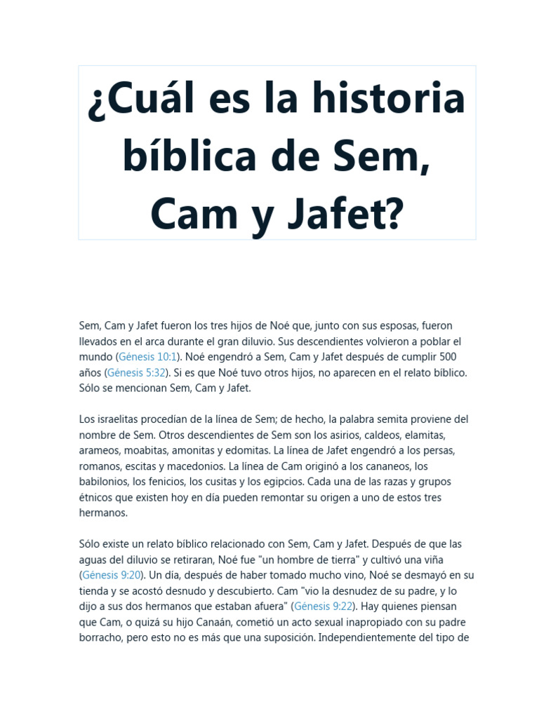 ¿Cuál Es La Historia Bíblica de Sem, Cam y Jafet | PDF | Jamón (Hijo De Noé) | Noé