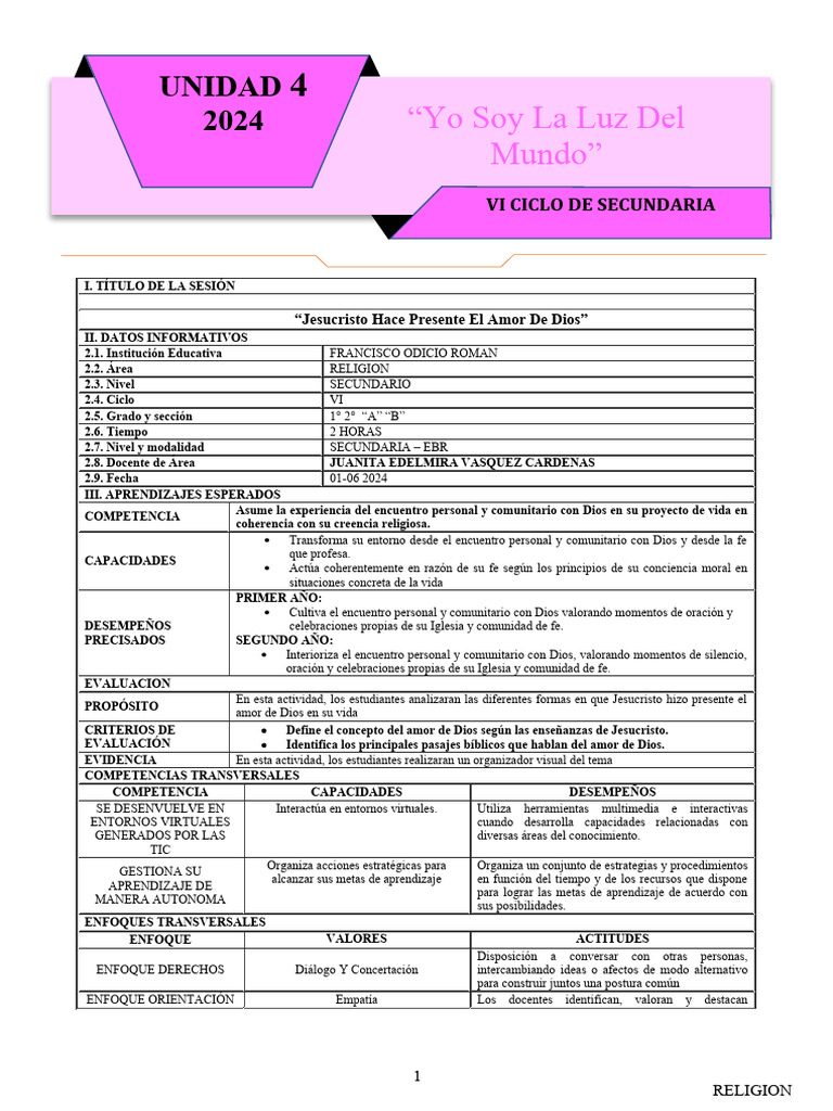 1º 2° SESION SEM 3 UNI 4 - RELIGION 2024 | PDF | Aprendizaje | Maestros