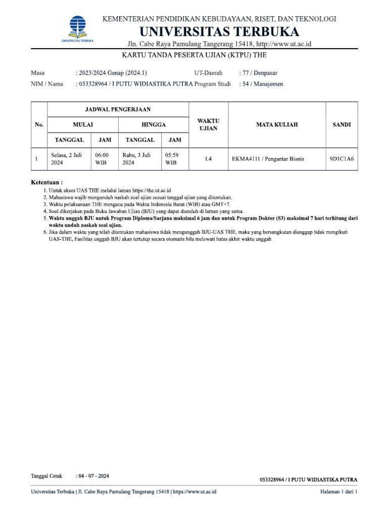 Jadwal Ujian Ut Pdf