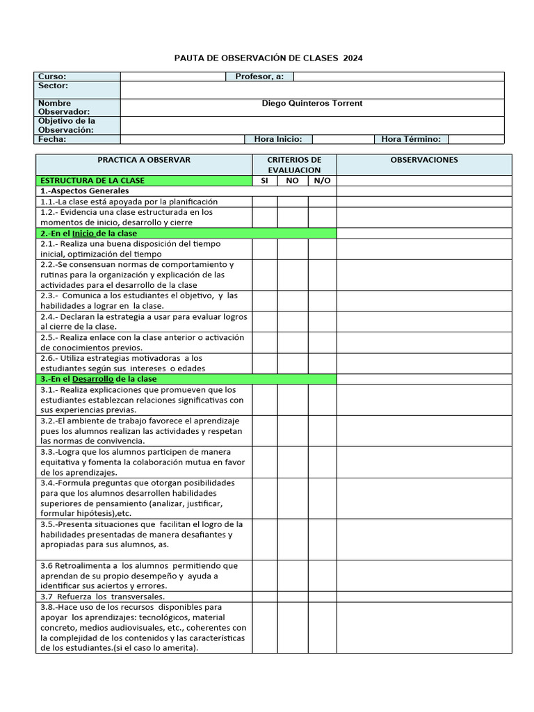 Pauta Observacion de Clases 2024 | PDF | Evaluación | Ciencias del comportamiento