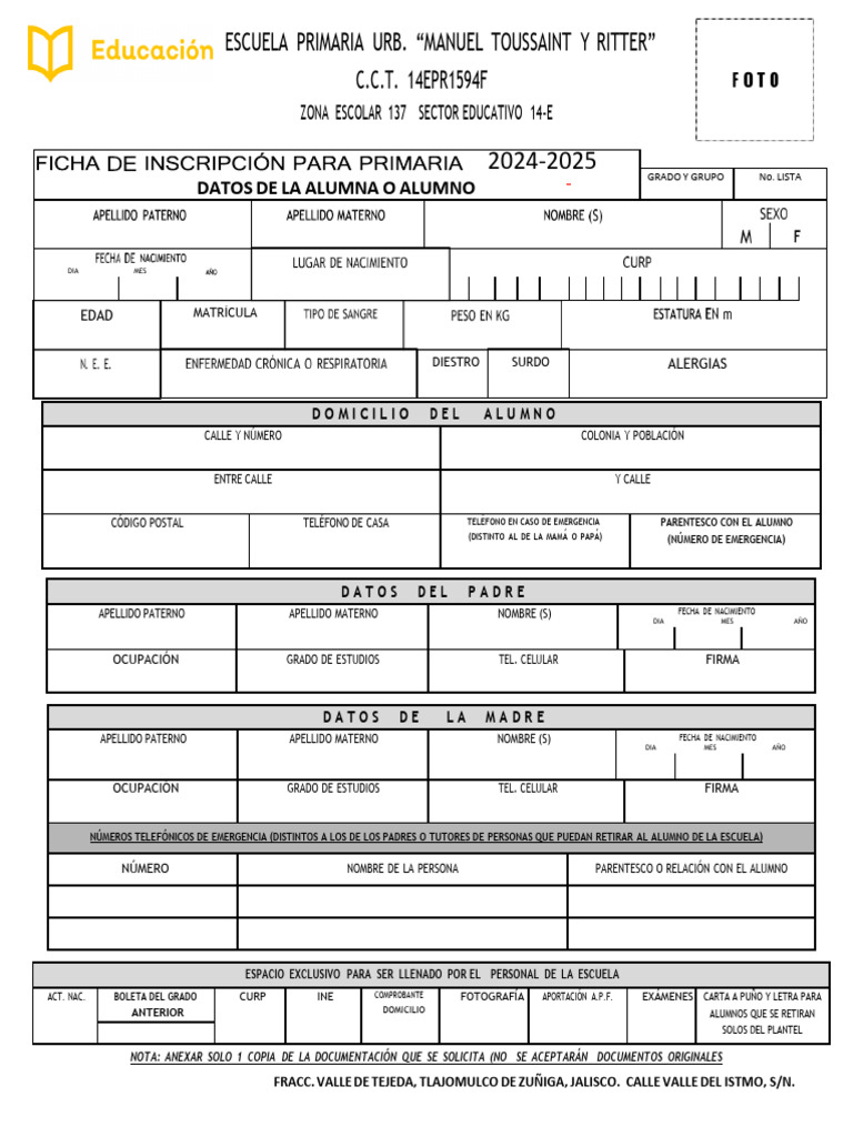 Ficha de Inscripcion para Primaria 2024-2025 | PDF