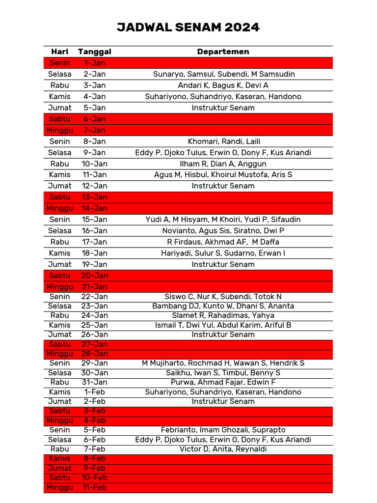 Jadwal Senam 2024 dan Instruktur | PDF