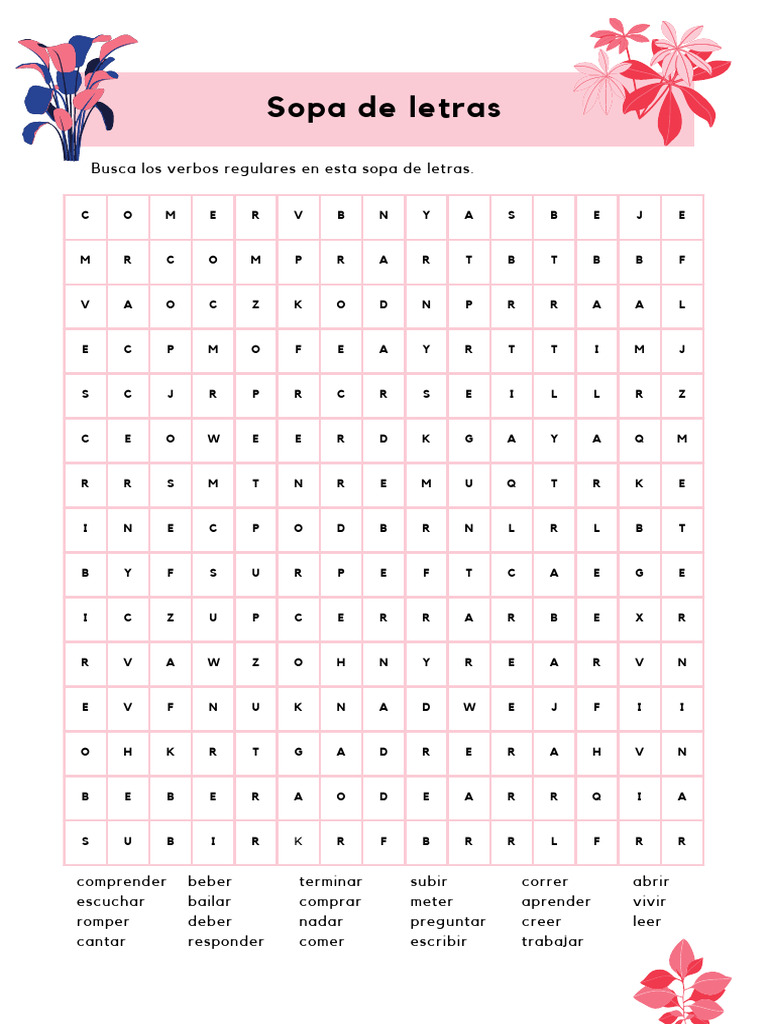 Rosa español sopa de letras verbos ficha de ejercicios | PDF