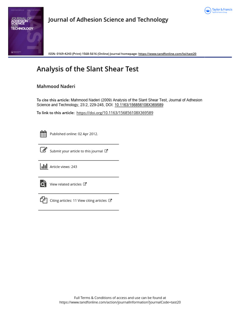 Analysis of The Slant Shear Test: Journal of Adhesion Science and ...