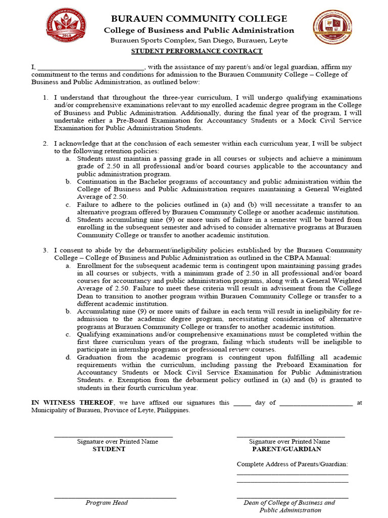 Student Performance Contract 1 | PDF | Academic Degree | Academia