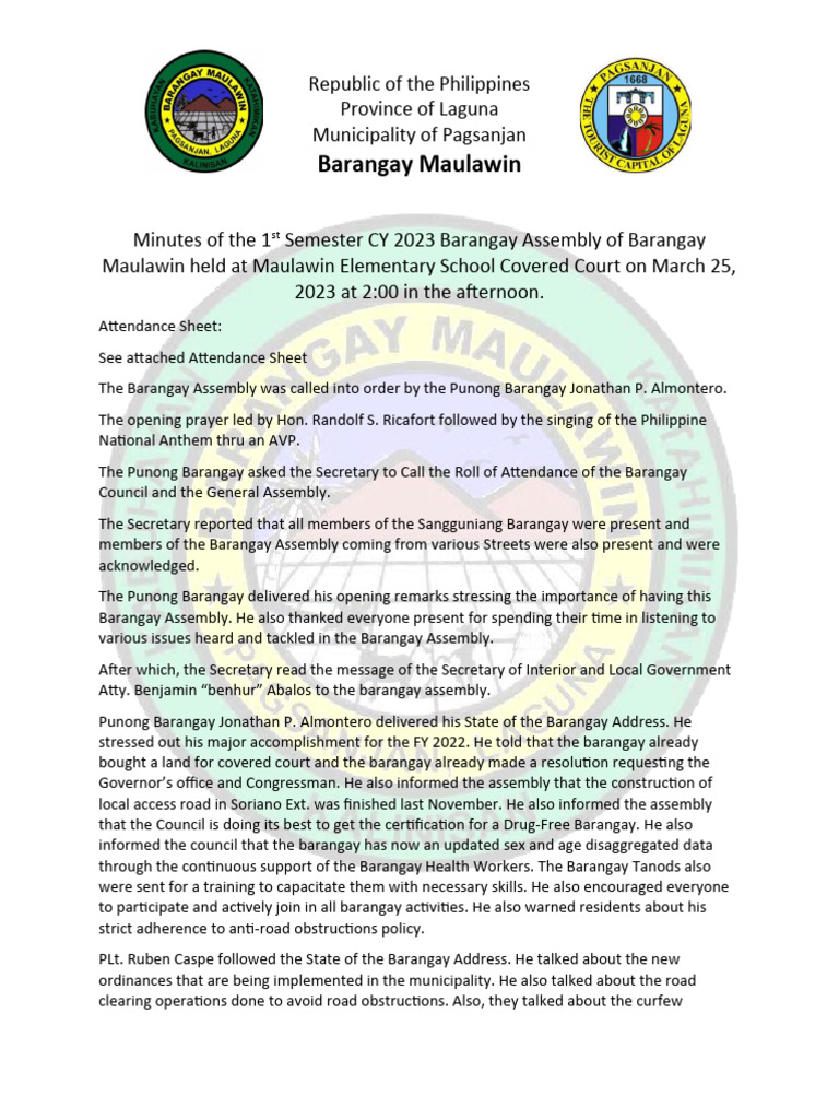 Barangay Maulawin Assembly Minutes 2023 | PDF | Social Science ...