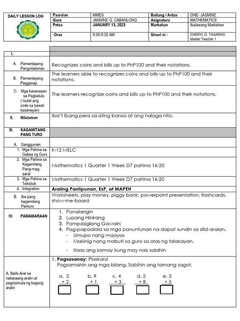 CABANLONG-COT-1-MATH-LESSON-PLAN-2023 | PDF