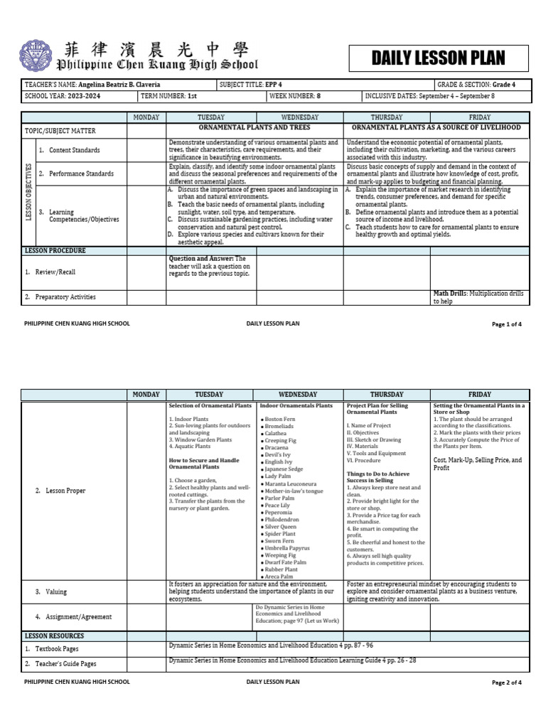 Grade 4 EPP Lesson Plan: Ornamental Plants | PDF | Plants | Educational ...
