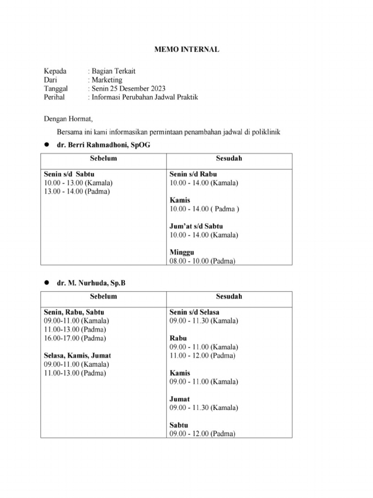 Memo Jadwal Dokter Terbaru | PDF